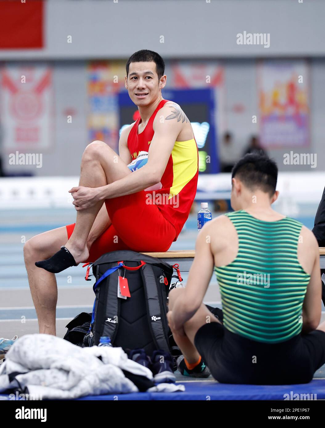 Tianjin. 15th Mar, 2023. Gao Xinglong reacts after the men's long jump final of 2023 Chinese ...