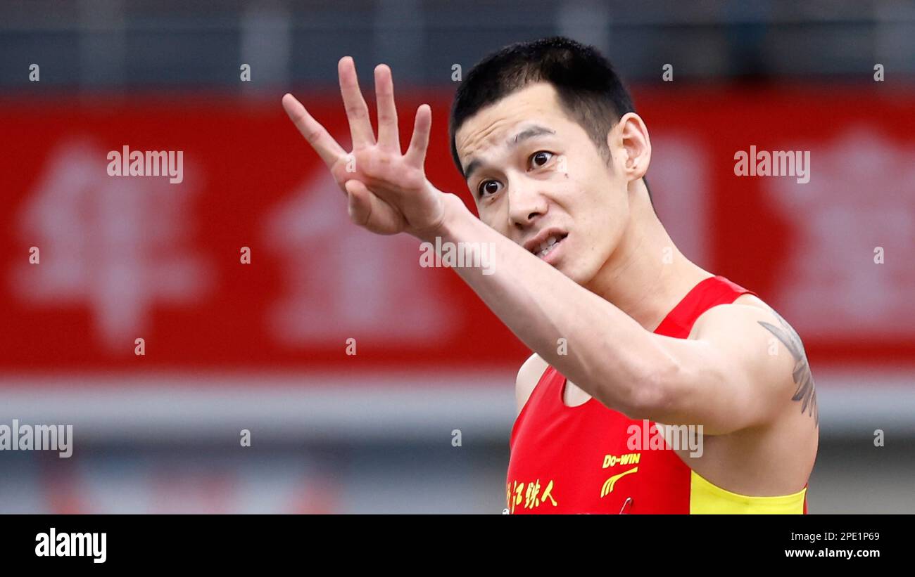 Tianjin. 15th Mar, 2023. Gao Xinglong reacts after the men's long jump final of 2023 Chinese ...