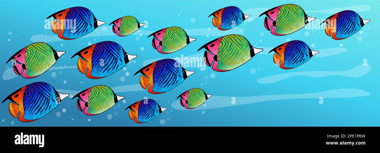 A shoal of bright tropical sea fish. Colored background with ocean and ...