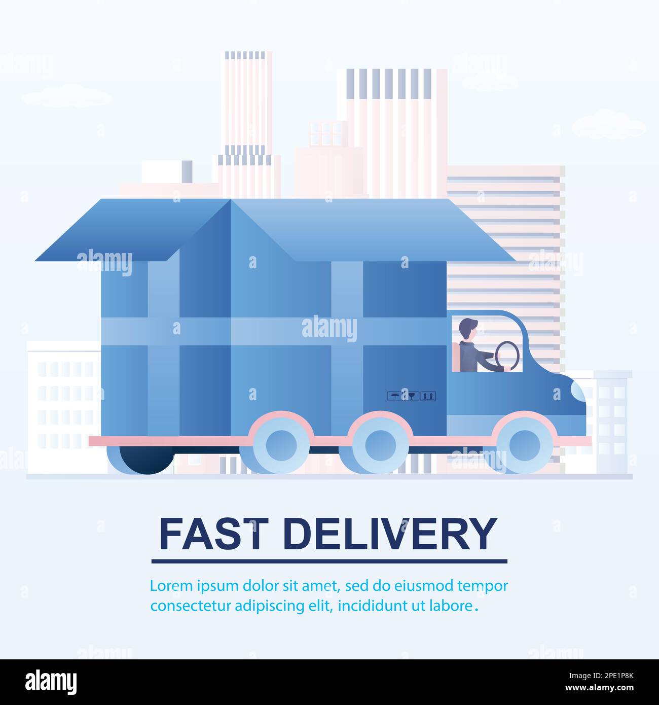 Fast delivery banner. Truck with box and urban view on background. Page ...