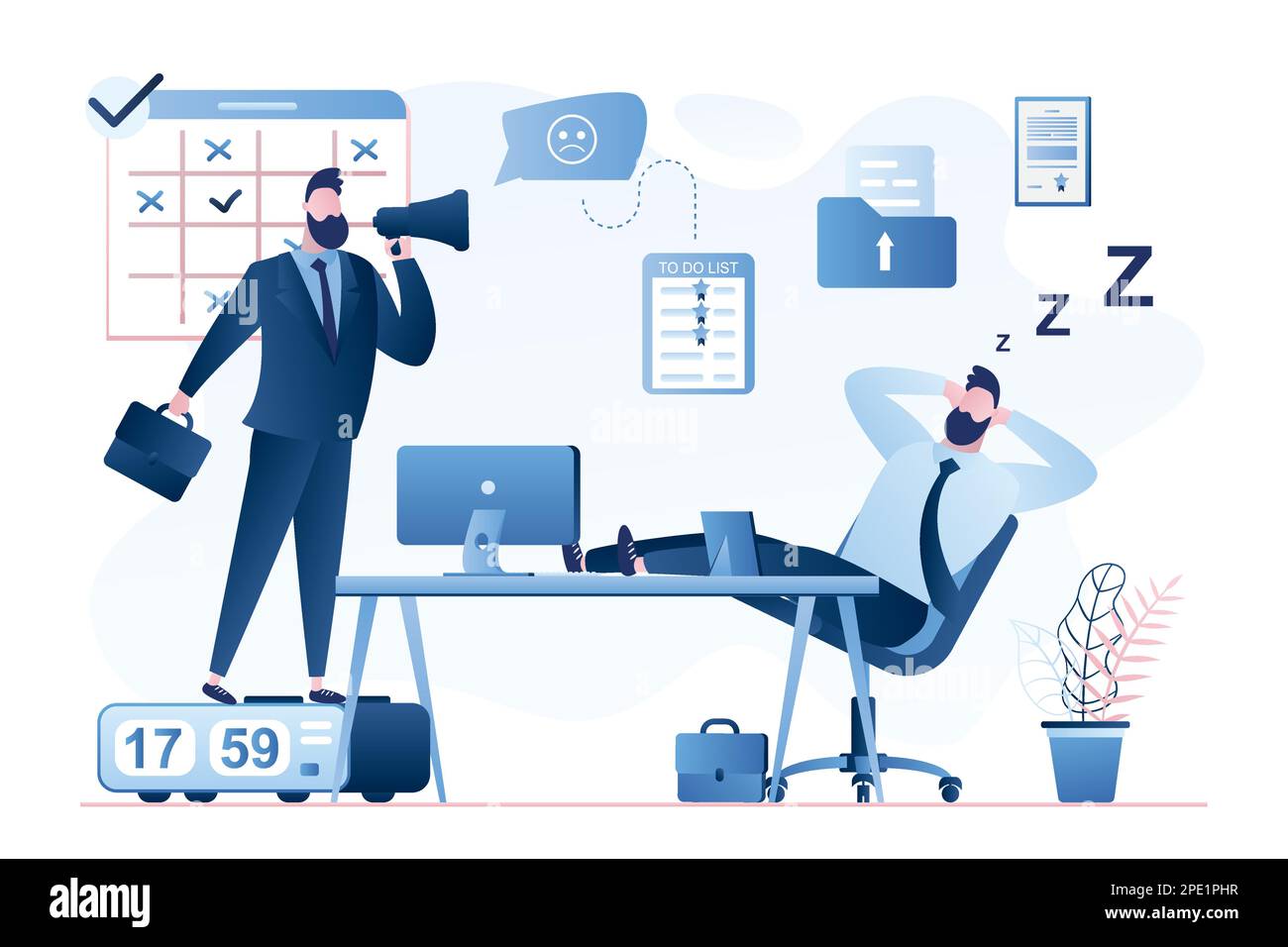 Boss businessman with megaphone and office worker sleeps in the ...