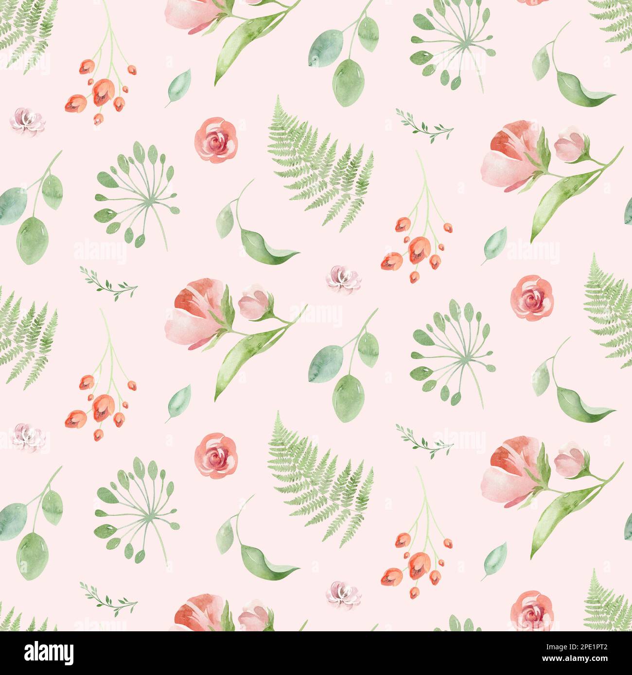 Watercolor seamless pattern floral background flowers, plants, leaves ...