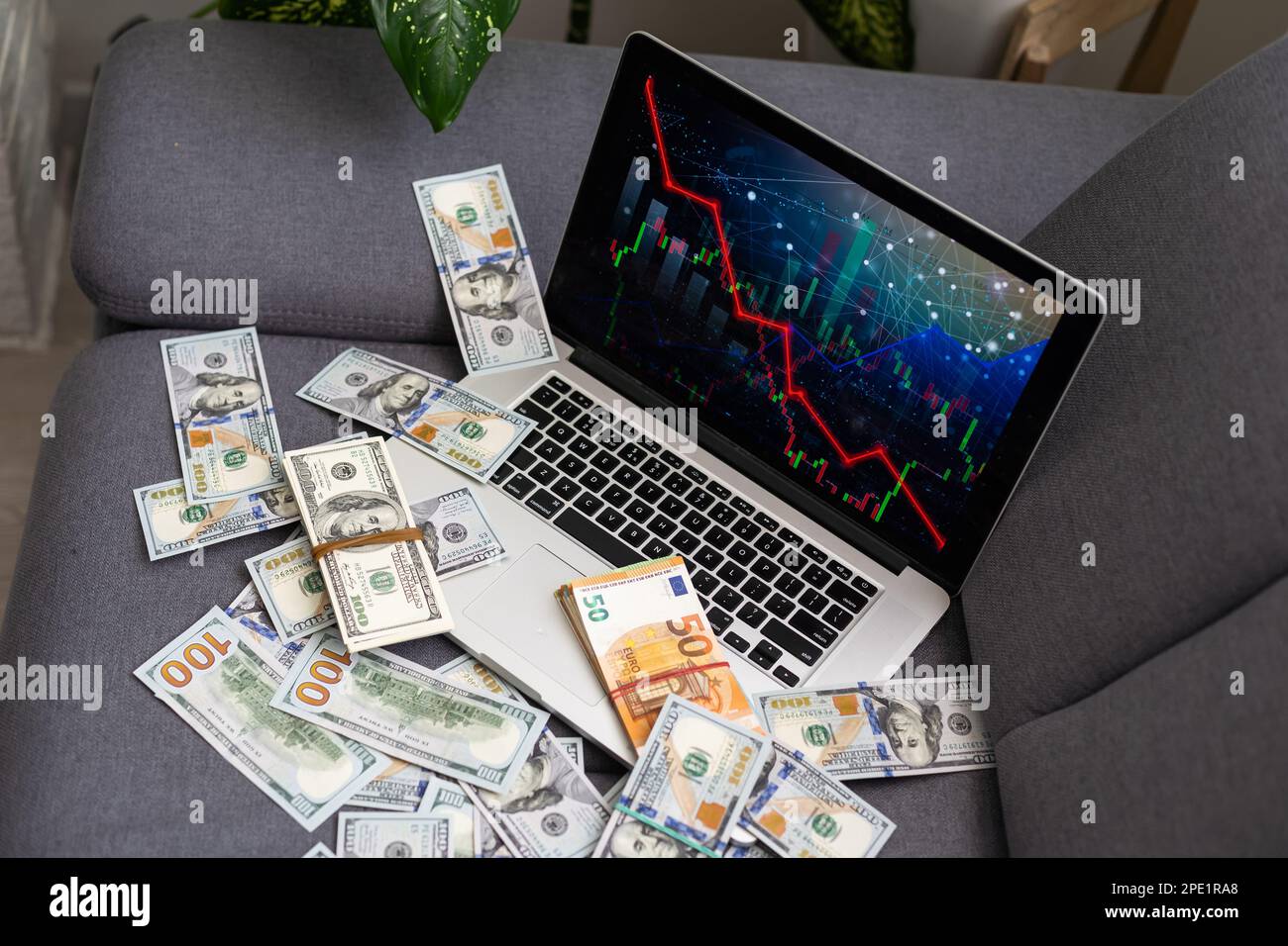Stock Market Chart on Screen with Dollars and Euros on Background Stock ...