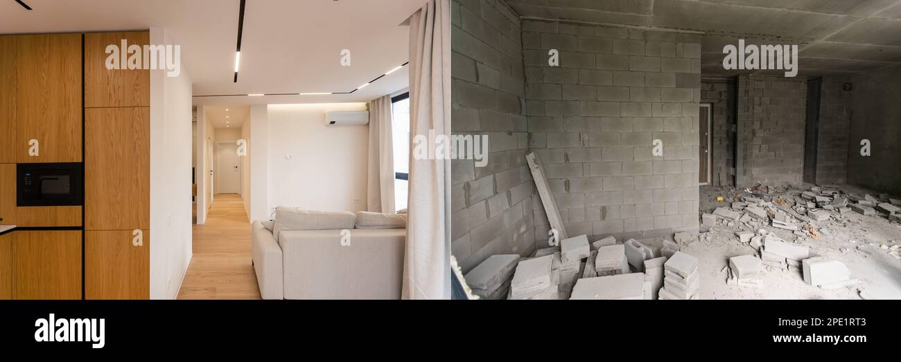 Comparison snapshot of a big beautiful room in a private house before ...