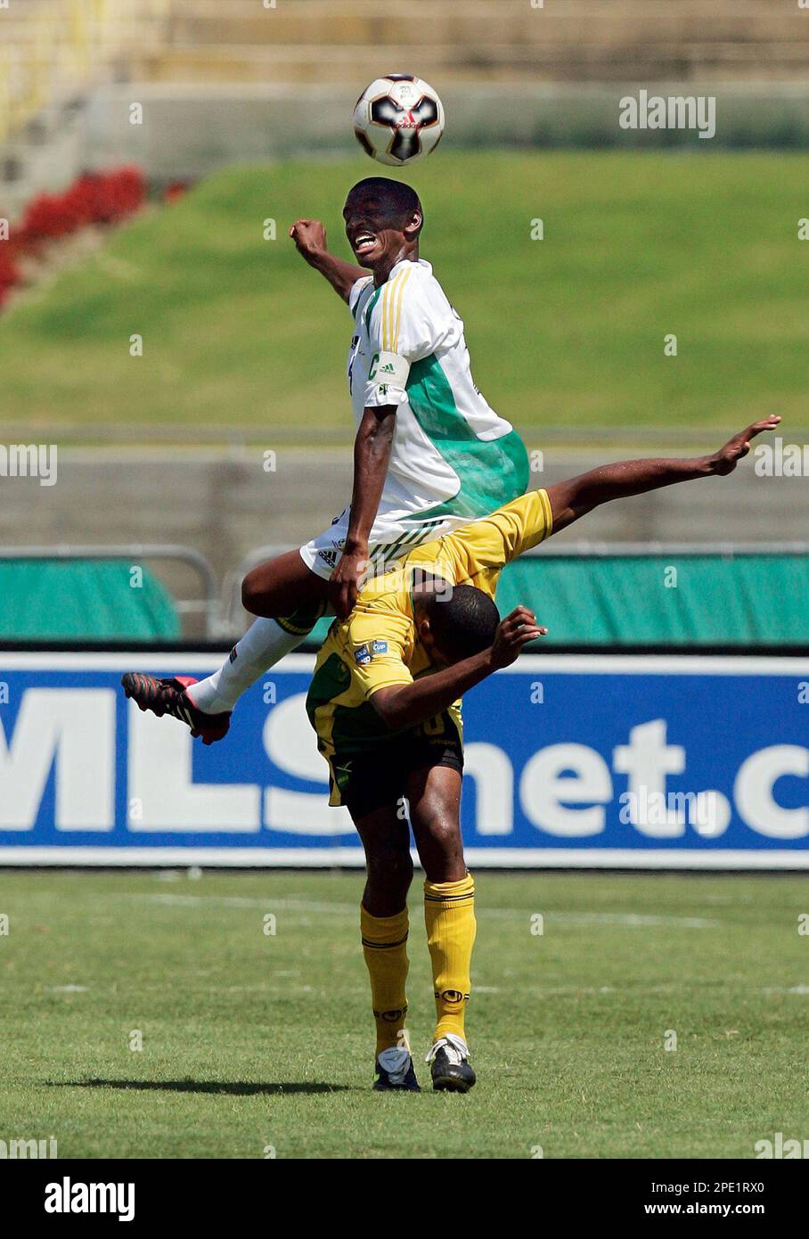 South Africa's Ricardo Katza sits atop Jamaica's Ricardo Fuller as he ...