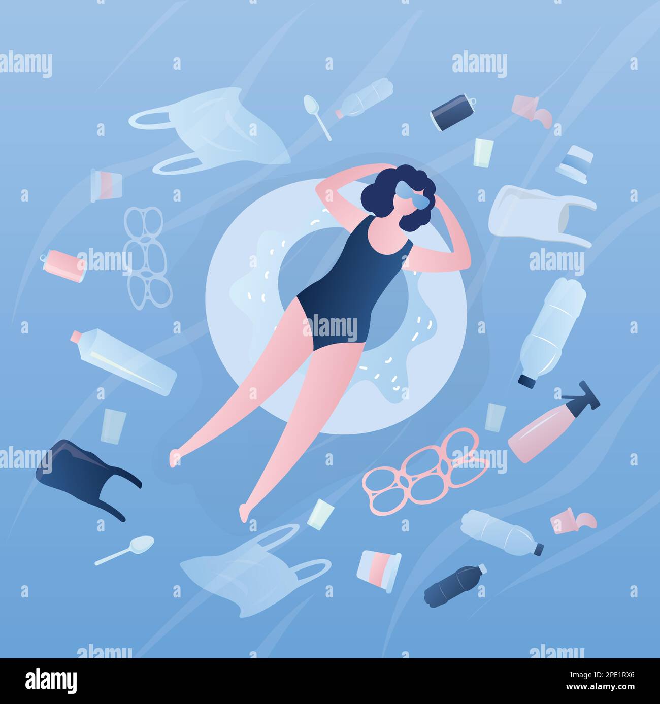 Plastic trash and various garbage in sea water. Woman floats on an ...