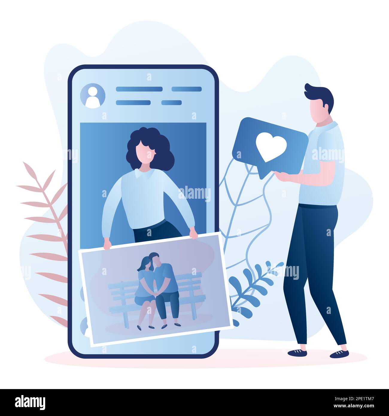 Big smartphone and female character with photo, male follower gives ...