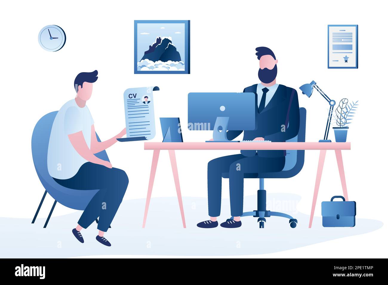 Handsome businessman boss and male candidate with cv resume. Office ...