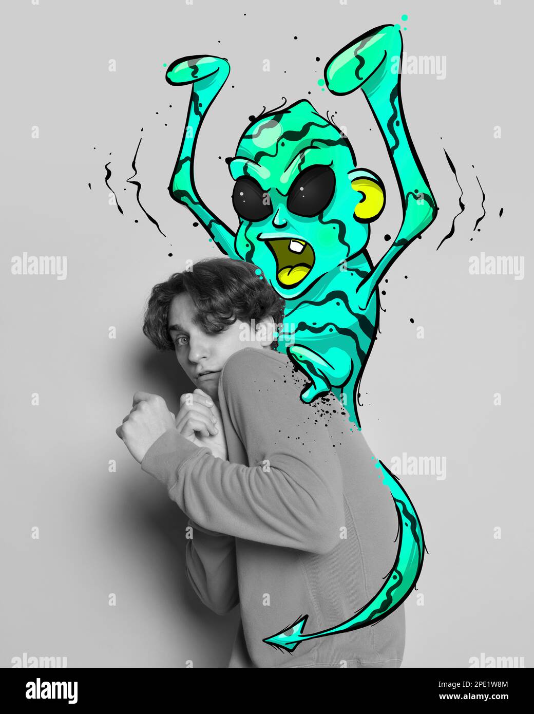 Contemporary art collage. Black and white image of young man showing ...