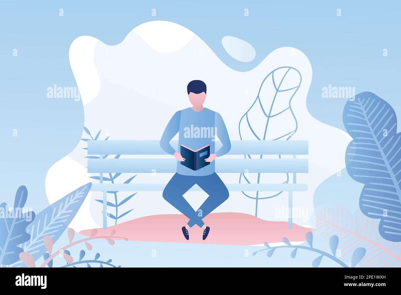 Handsome man reading a book or magazine while sitting on a bench ...