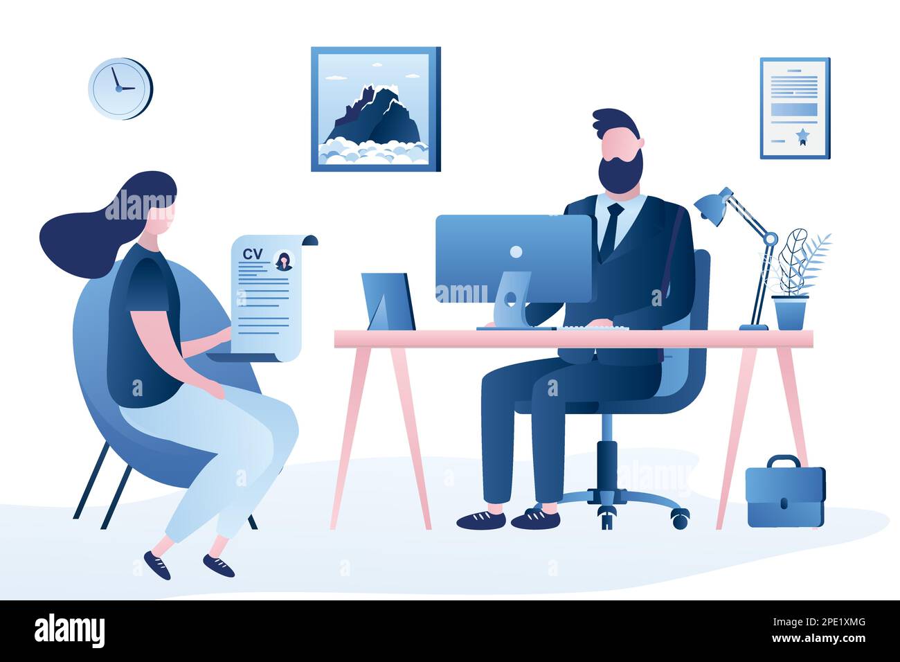 Handsome businessman boss and female candidate with cv resume. Office ...