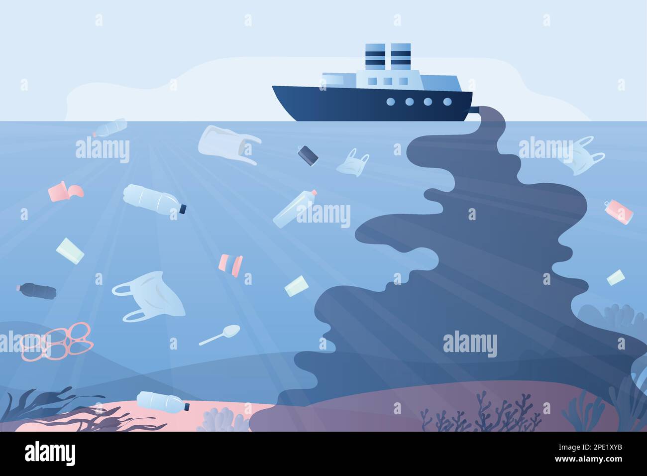 Ocean plastic garbage banner with ship and trash floating underwater ...