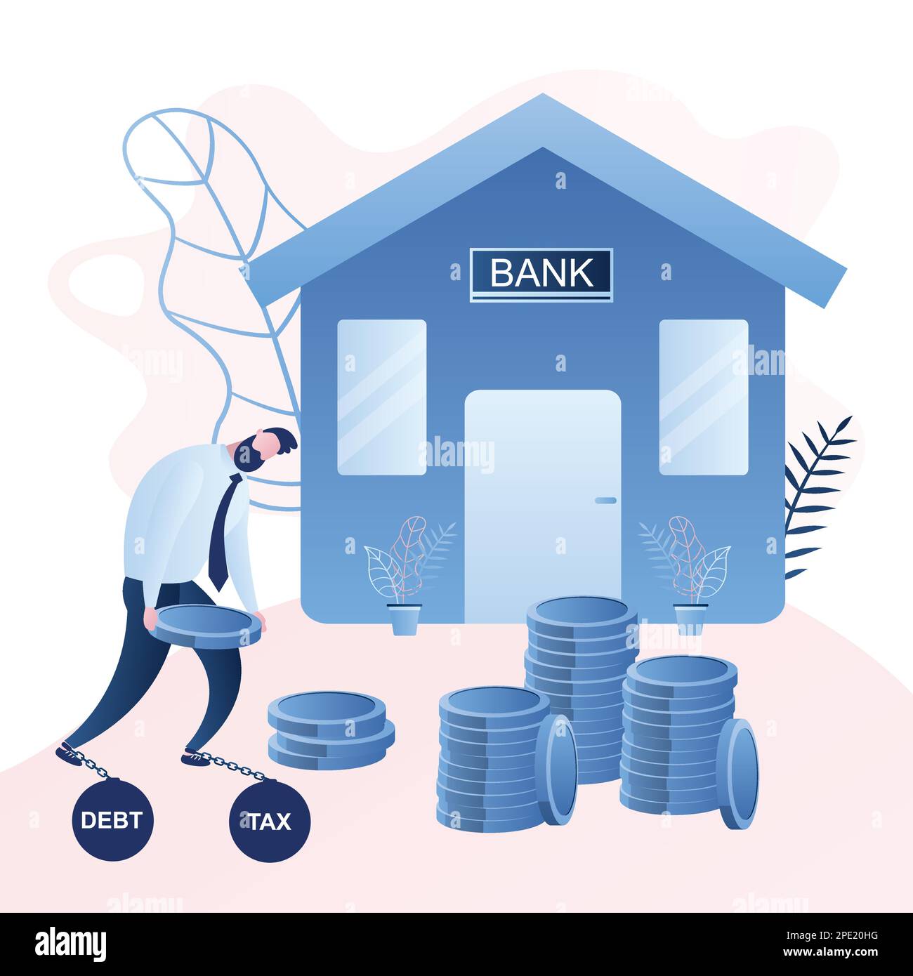 Unhappy businessman carries coins to the bank building. Loan repayment ...