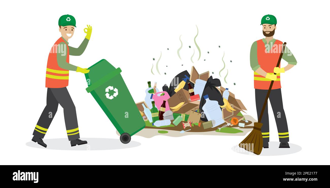 Garbage collectors and trash can with piles of garbage. Dirty trash on ... Garbage collectors and trash can with piles of garbage. Dirty trash on ...