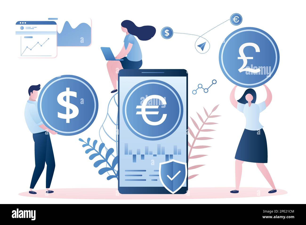 Business people with euro and dollar coins. Big smartphone with currency stock market ...