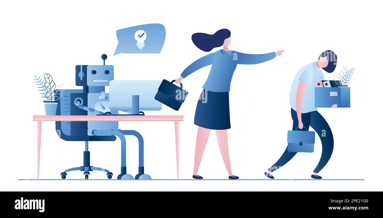 New robot on workplace and businesswoman dismissed woman worker. Boss ...