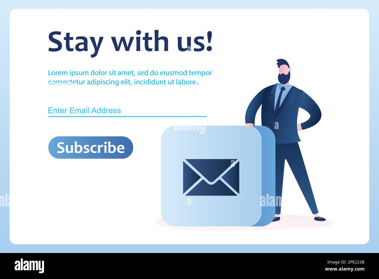 Subscribe template web page. Handsome male character with email button ...