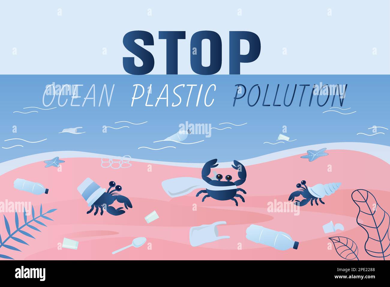 Ocean coast with plastic trash and various garbage. Stop ocean ...