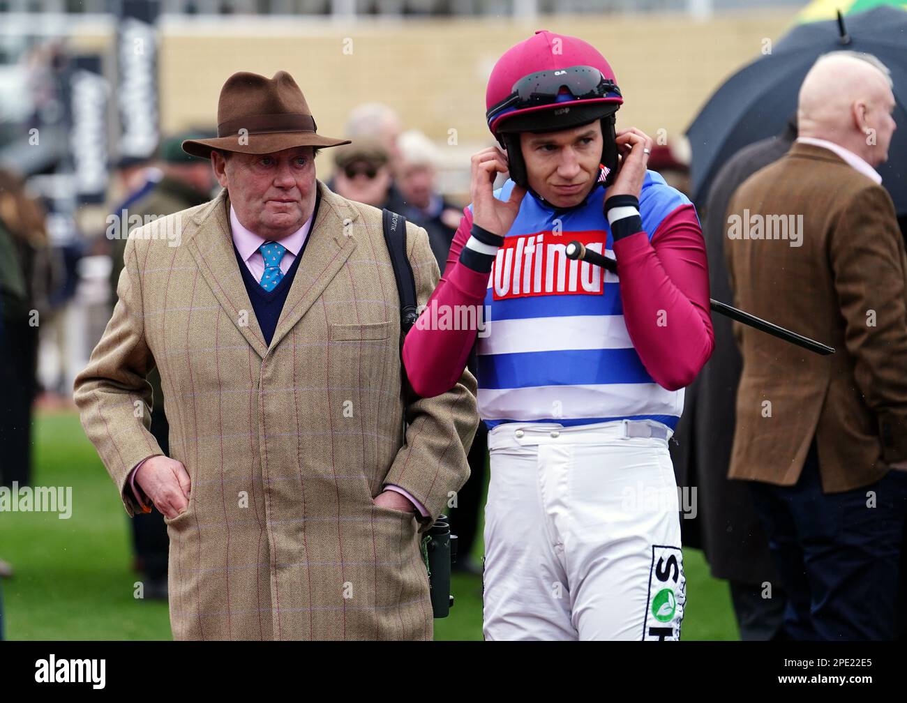 Trainer Nicky Henderson with jockey Adrian Heskin on day two of the ...