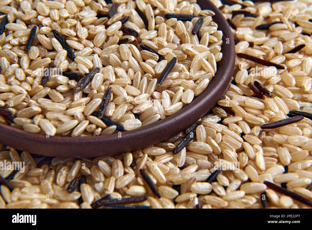 A mixture of brown and black unpolished wild rice in a clay ceramic ...