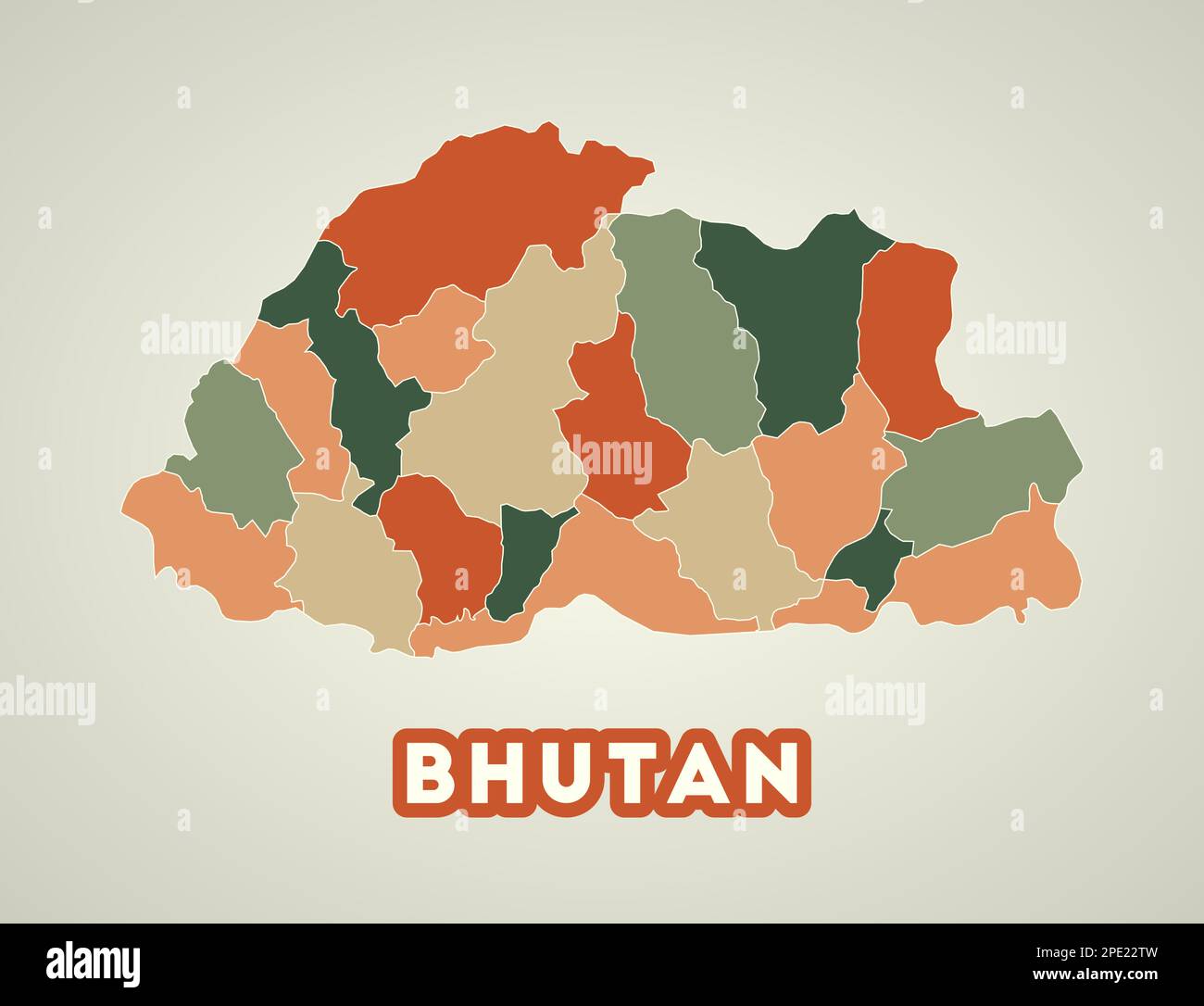 Bhutan poster in retro style. Map of the country with regions in autumn ...