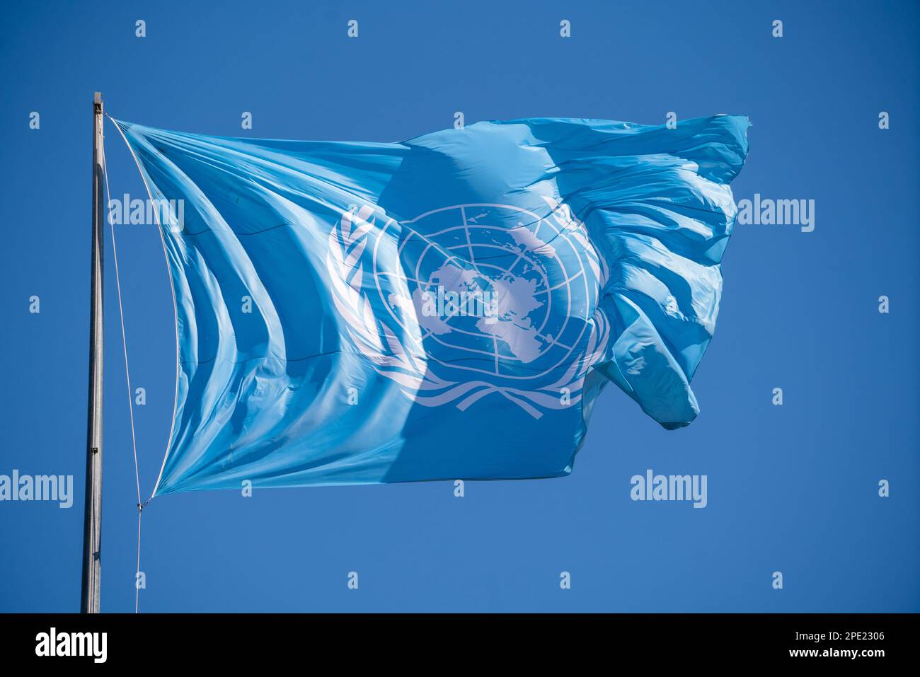United nations flag flying Stock Photo - Alamy