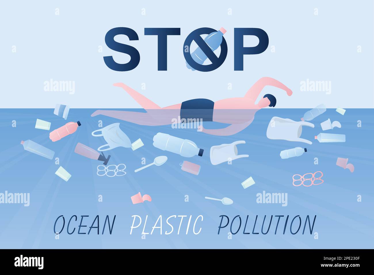 Plastic trash and various garbage in sea water. Man swimming in dirty ...