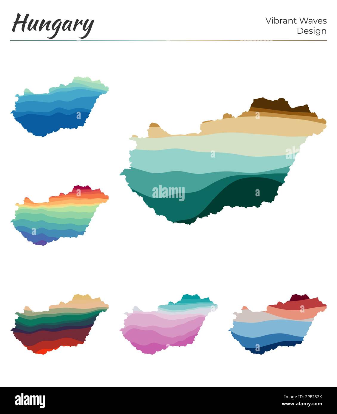 Set of vector maps of Hungary. Vibrant waves design. Bright map of the ...