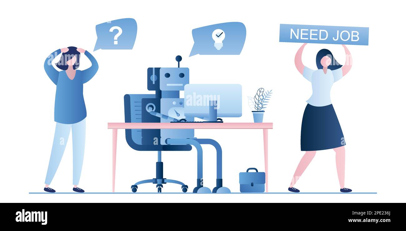 New robot on workplace. Unhappy and sad female employees without job ...