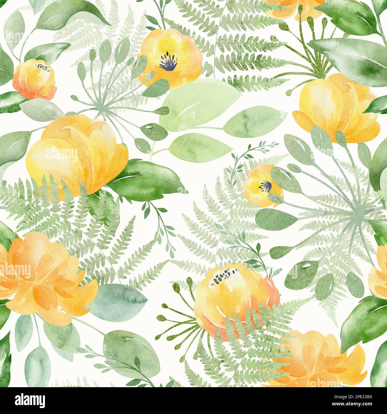 Watercolor seamless pattern floral background flowers, plants, leaves ...