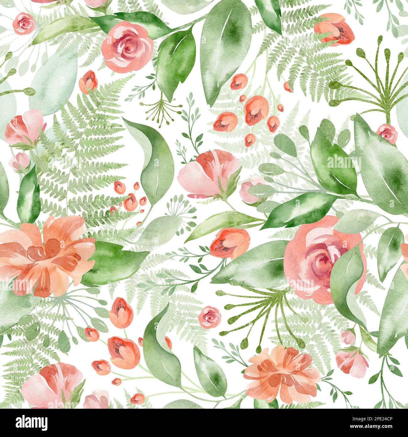 Watercolor seamless pattern floral background flowers, plants, leaves ...