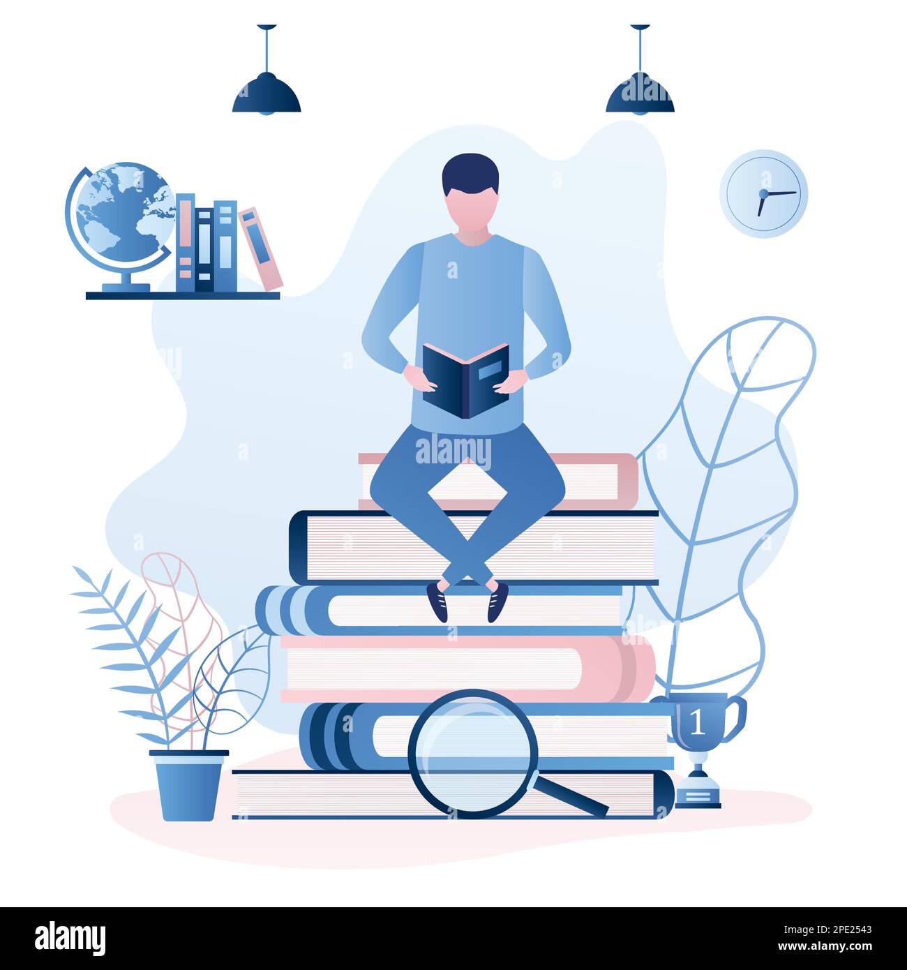 Handsome man student sitting on pile of books. Male character reading ...