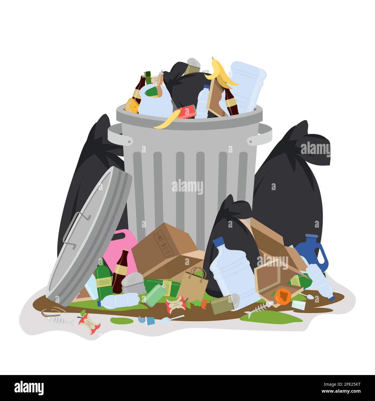 Metal trash can with piles of garbage. Dirty trash and bags on the ... Metal trash can with piles of garbage. Dirty trash and bags on the ...