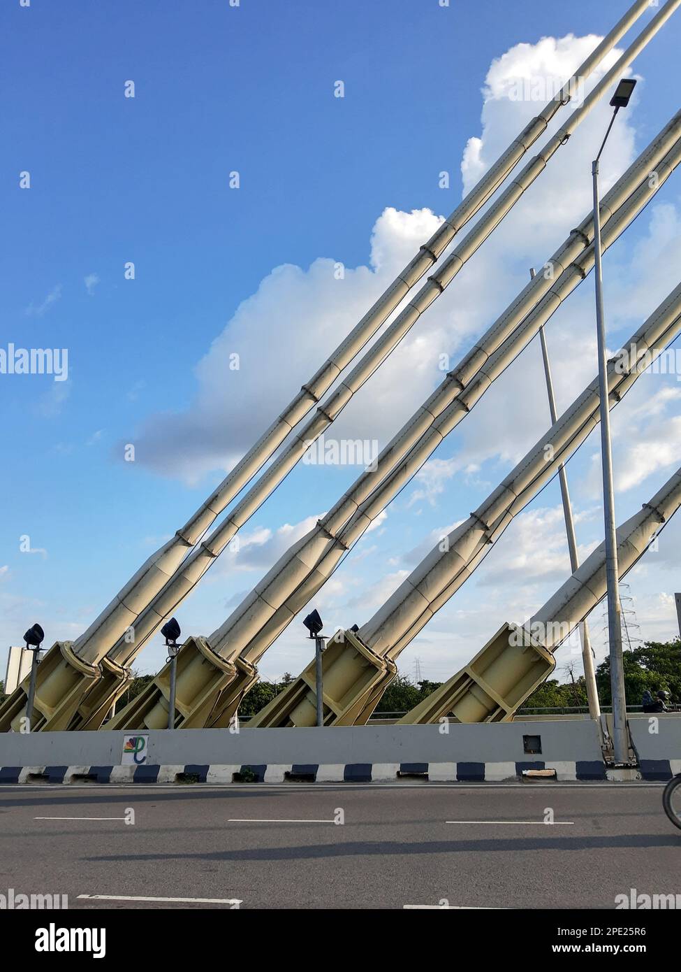 A vertical shot of the Signature Bridge, cantilever spar cable-stayed ...