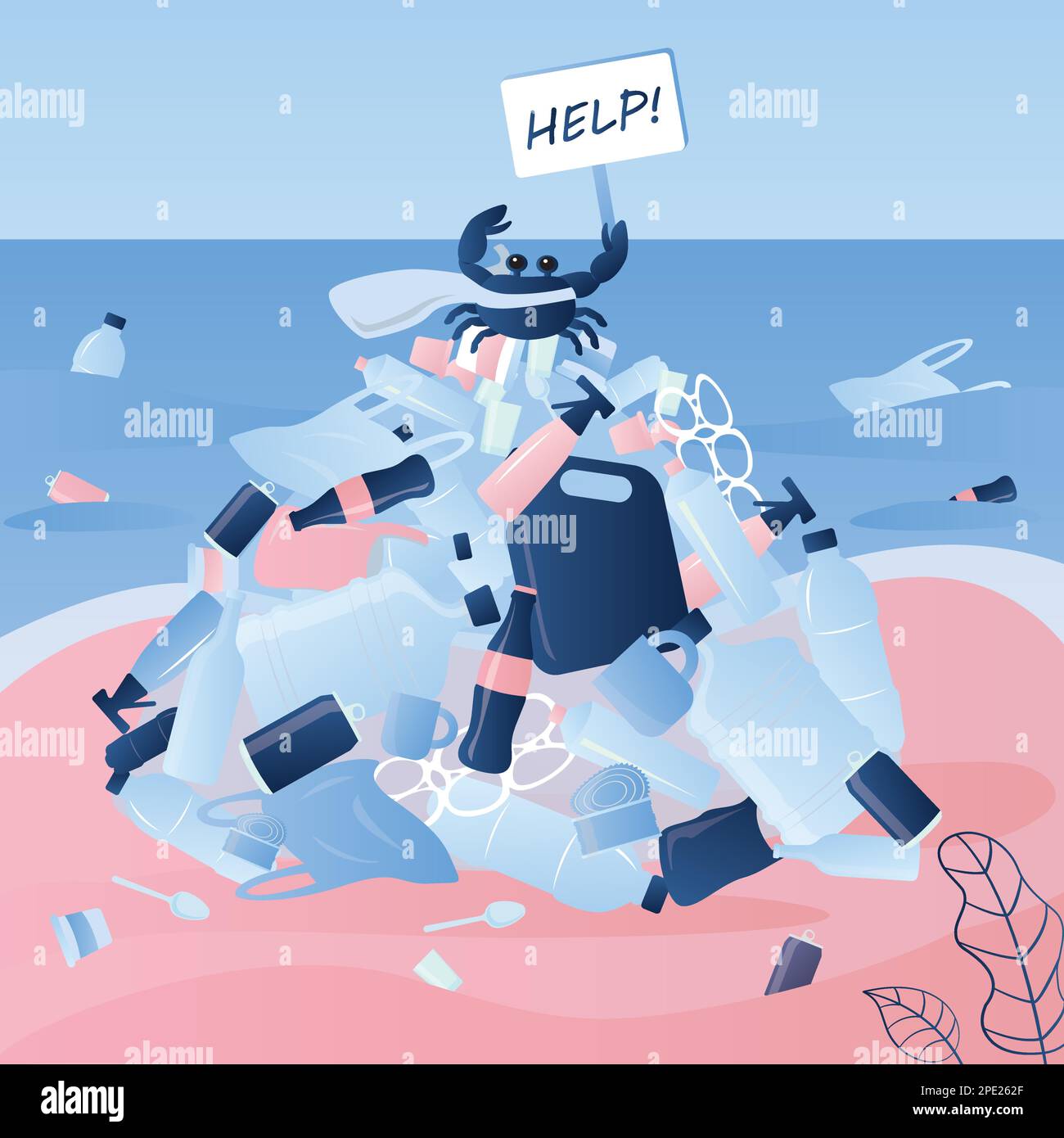 Ocean coast with pile of plastic trash and various garbage. Crab with a ...