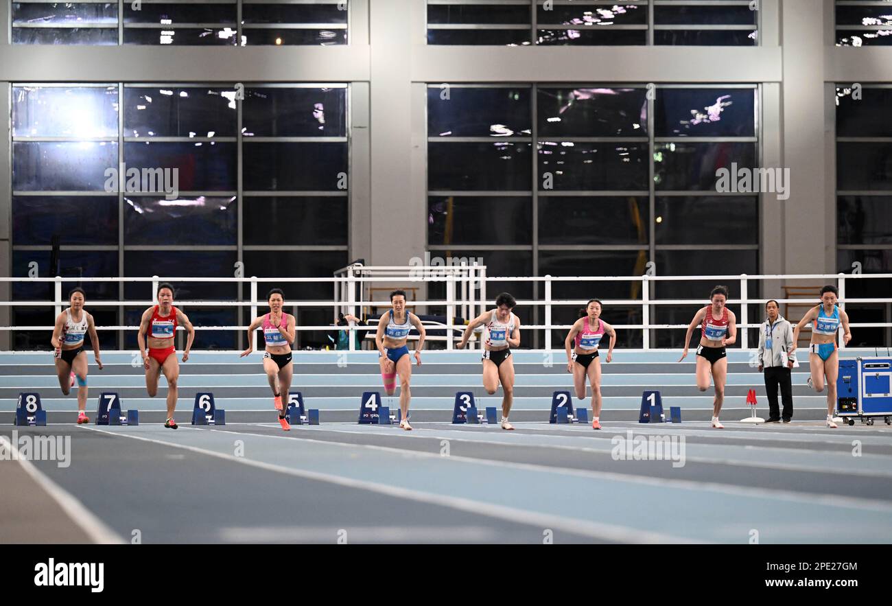 Tianjin. 15th Mar, 2023. Athletes compete during the women's 60m final ...