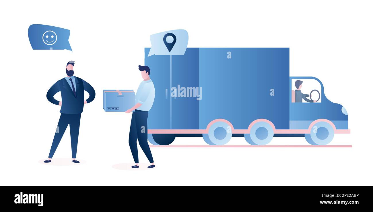 Delivery of goods to the buyer. Happy male customer and delivery man ...