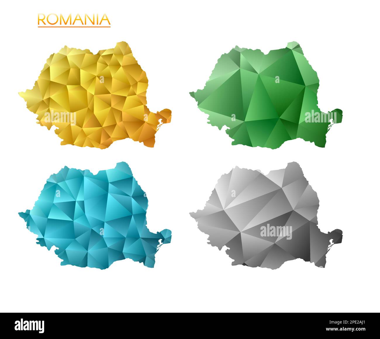 Set of vector polygonal maps of Romania. Bright gradient map of country ...