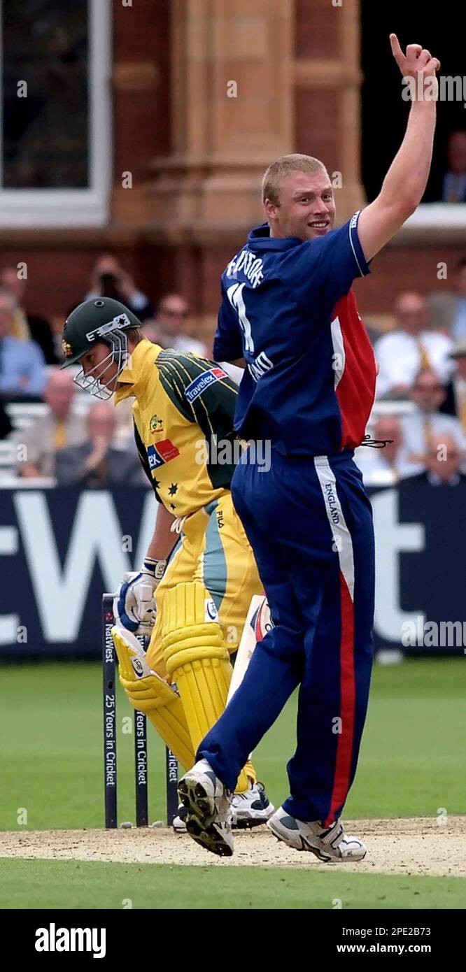 England's Andrew Flintoff, right, celebrates his dismissal of Australia ...