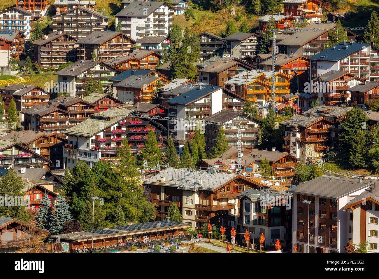 Zermatt, Switzerland - October 7, 2019: Town aerial view in famous ...