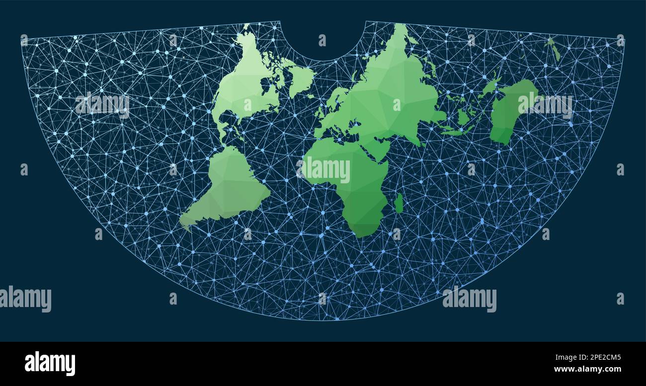 World map connection. Conic Equidistant projection. Green low poly ...