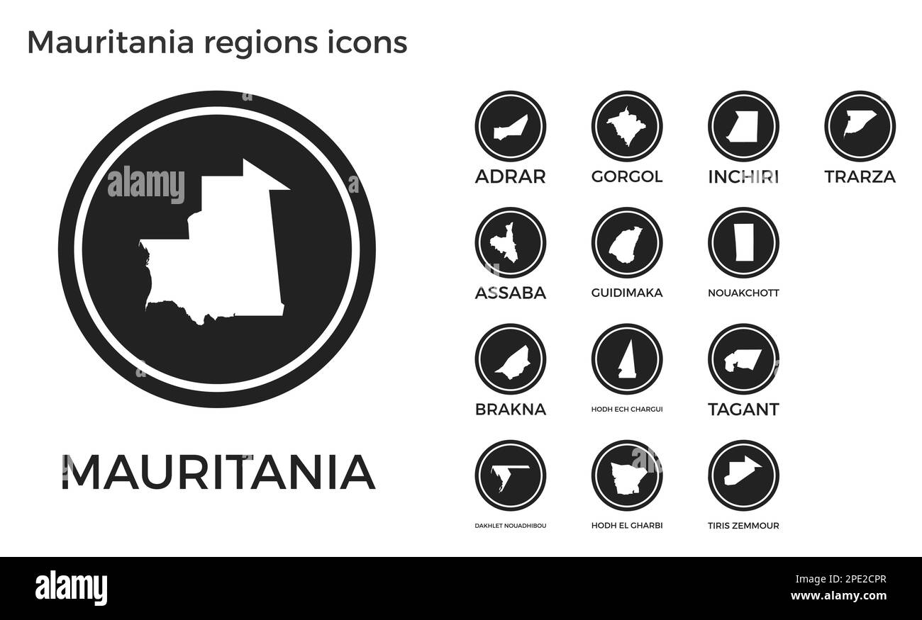 Mauritania Regions Icons Black Round Logos With Country Regions Maps