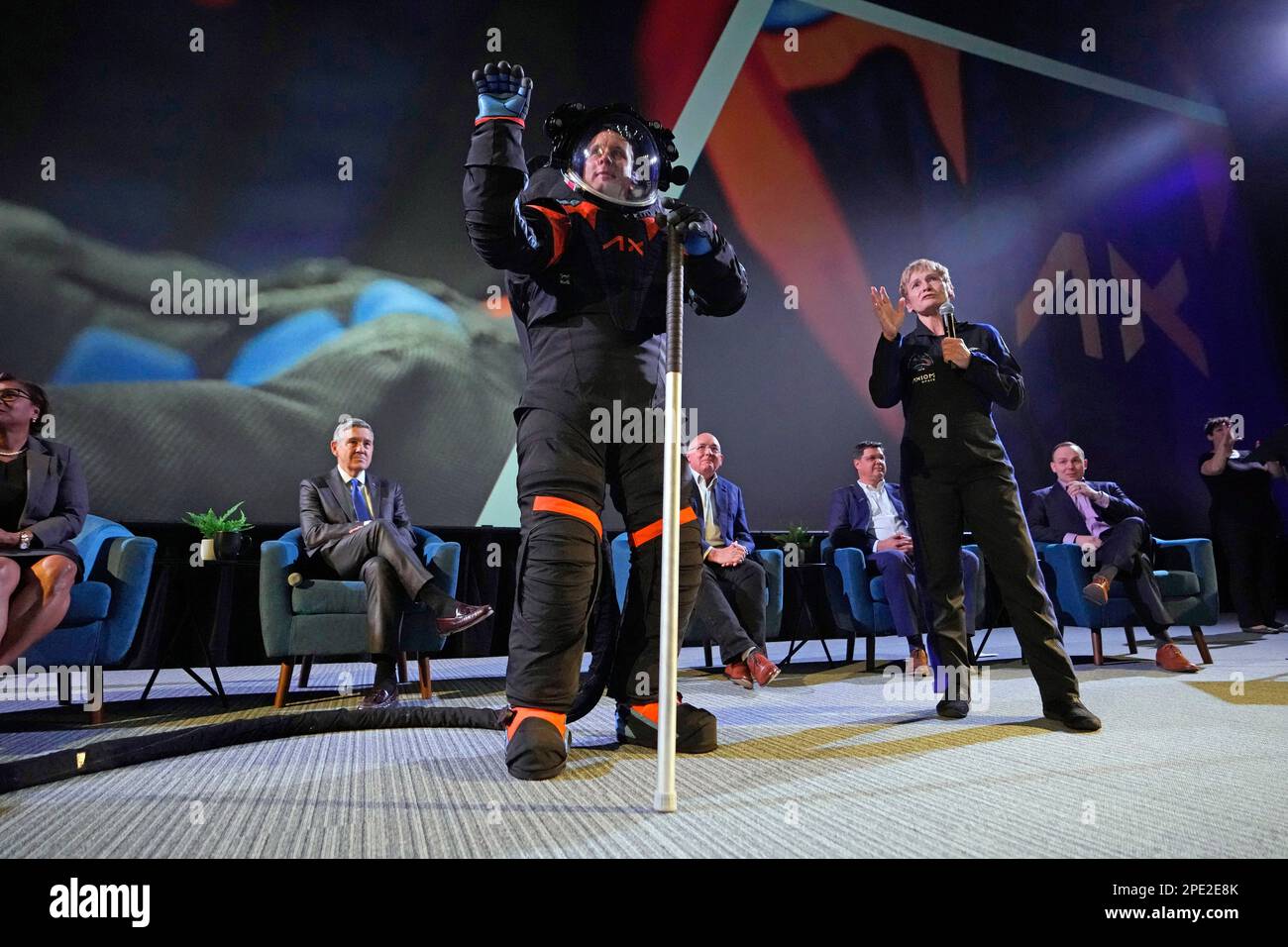 Axiom Space chief engineer Jim Stein, left, demonstrates a prototype ...