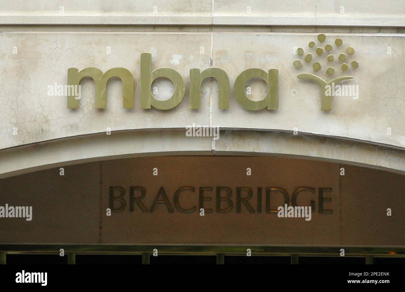 The MBNA logo on the front of MBNA corporate headquarters in Wilmington, Del., is shown Thursday ...