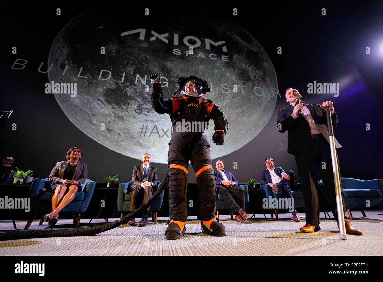 Axiom Space chief engineer Jim Stein, left, demonstrates a prototype ...