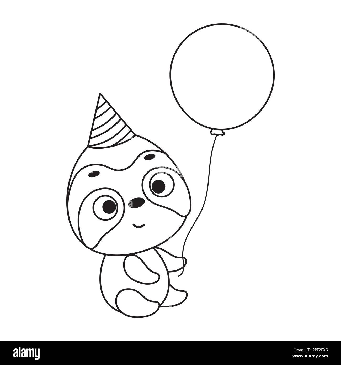 Coloring page cute little sloth in birthday hat hold balloon. Coloring ...