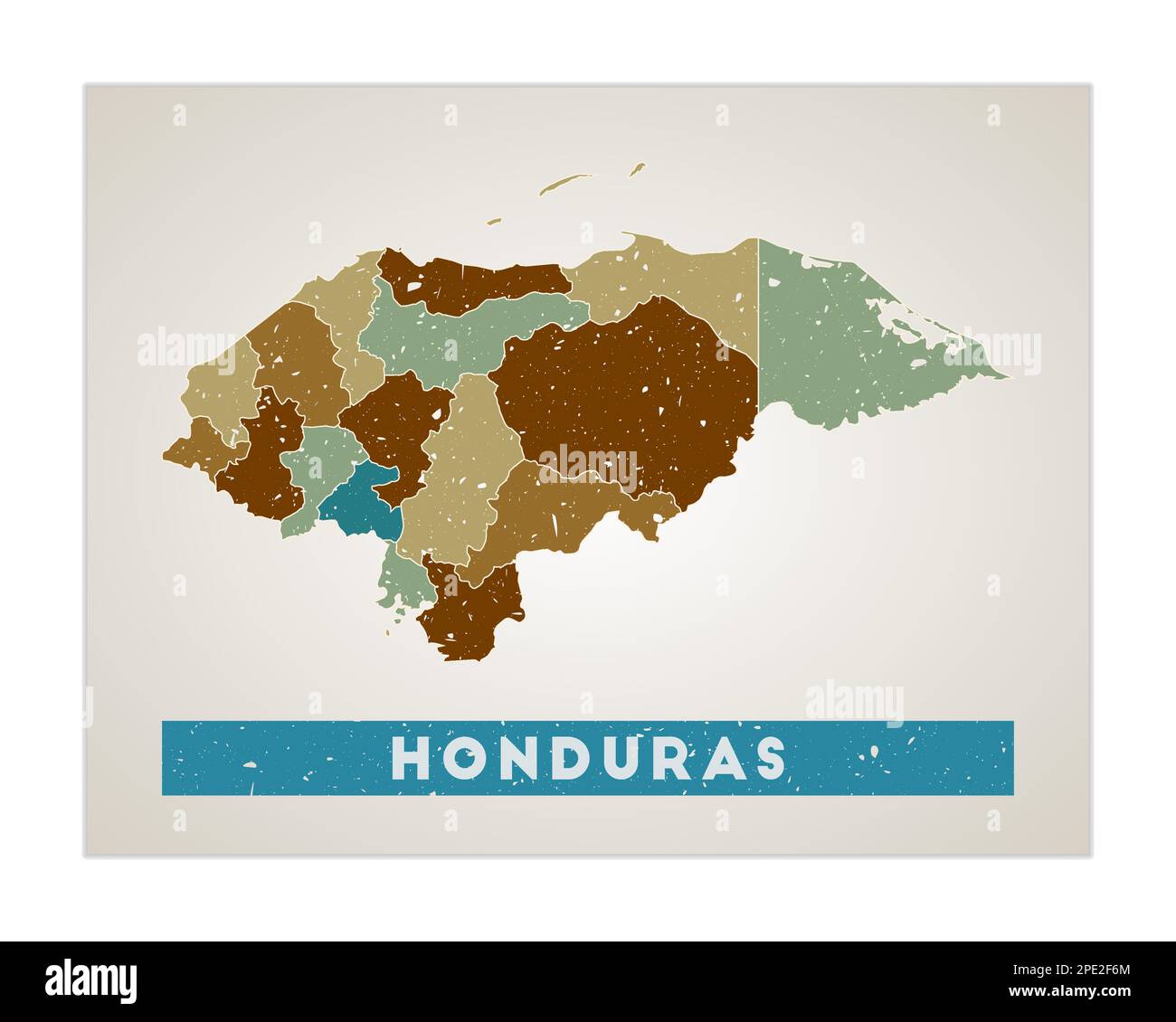 Honduras map. Country poster with regions. Old grunge texture. Shape of ...