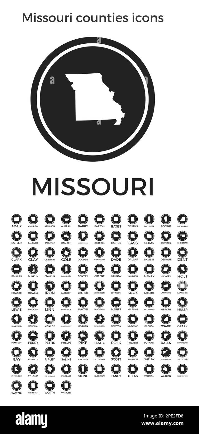 Missouri counties icons. Black round logos with US state counties maps ...