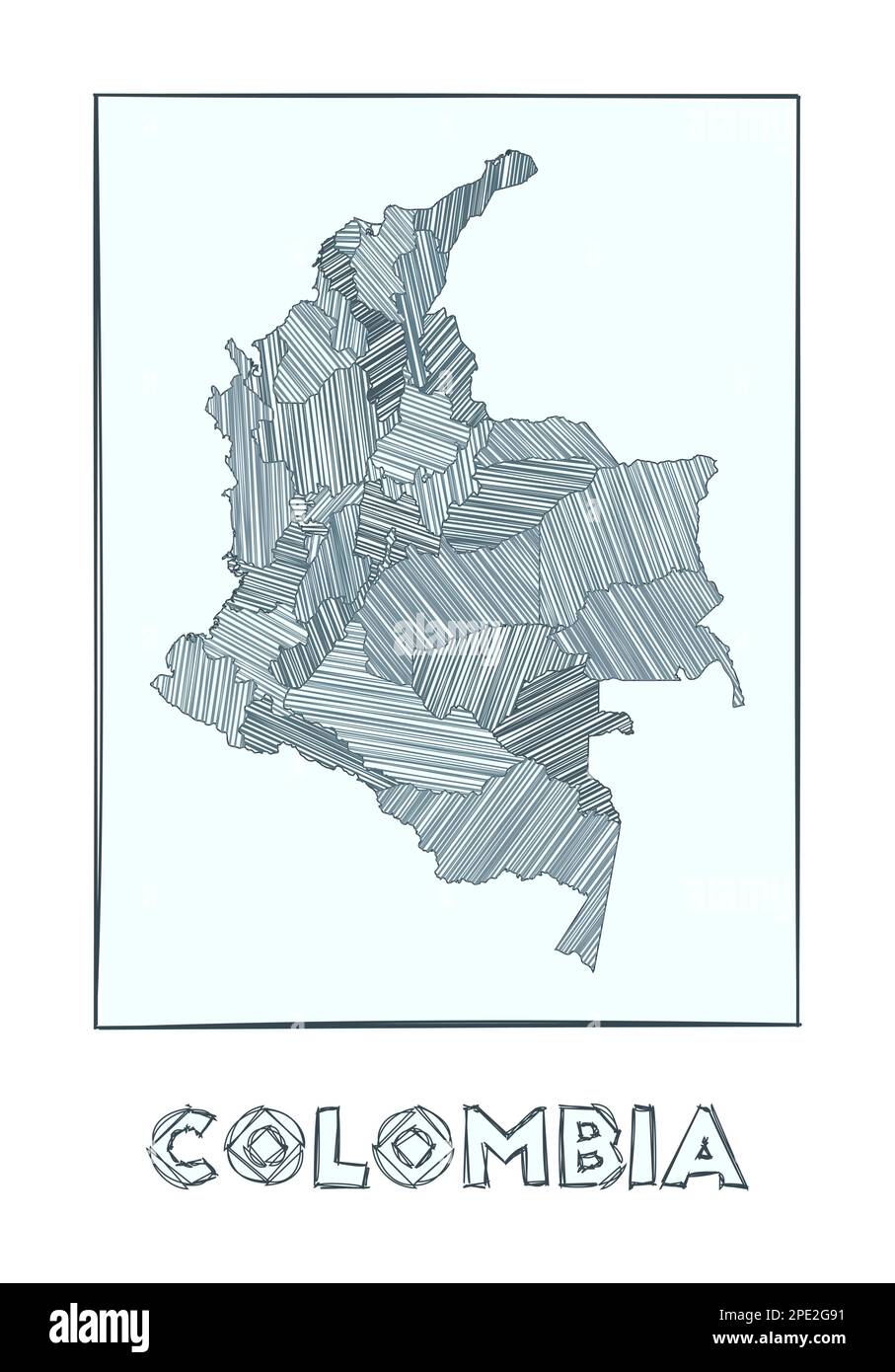 Sketch map of Colombia. Grayscale hand-drawn map of the country. Filled ...