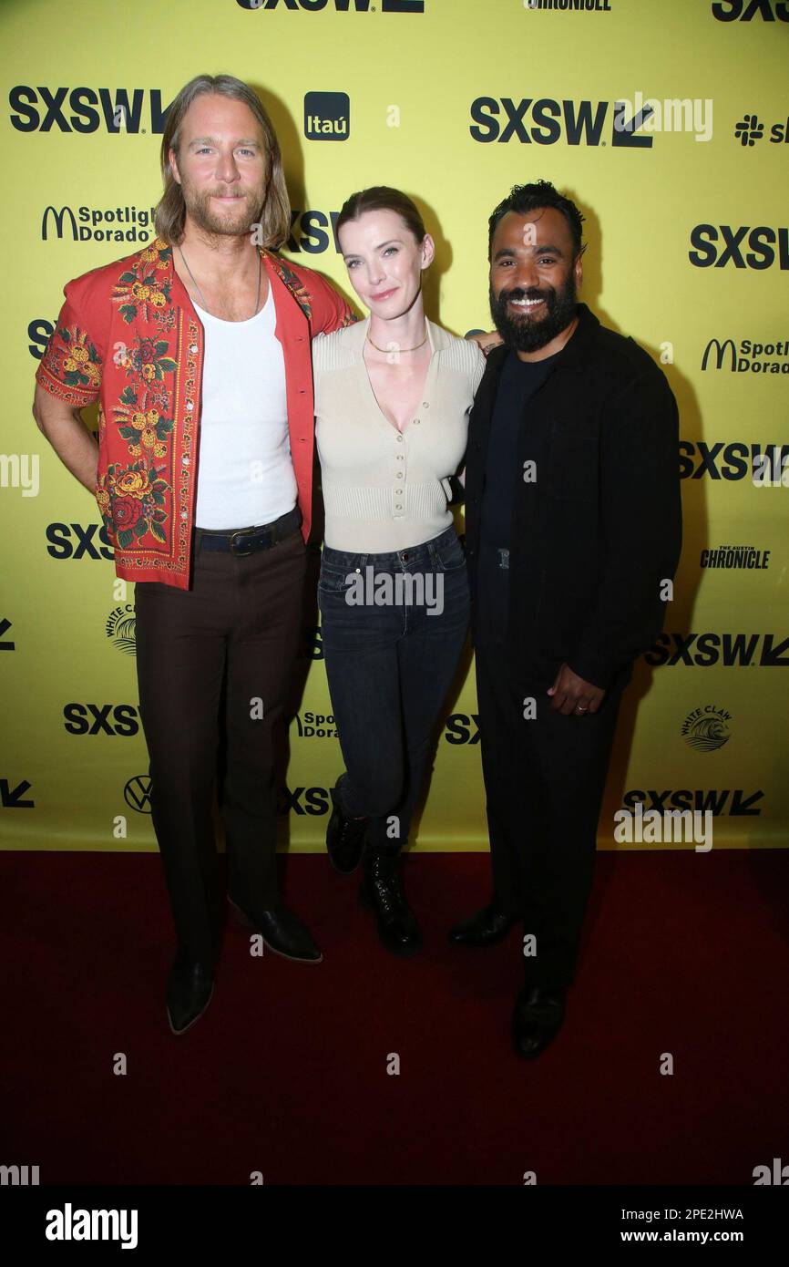 Jake McDorman, Betty Gilpin and Andy McQueen, from left, arrive for the ...